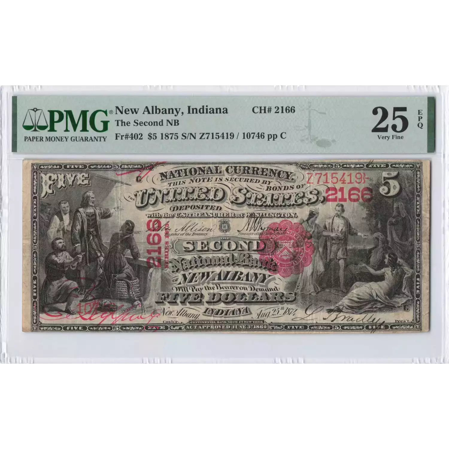 PMG VF25EPQ Ch. 2166 1875 $5 The Second National Bank of New Albany ...