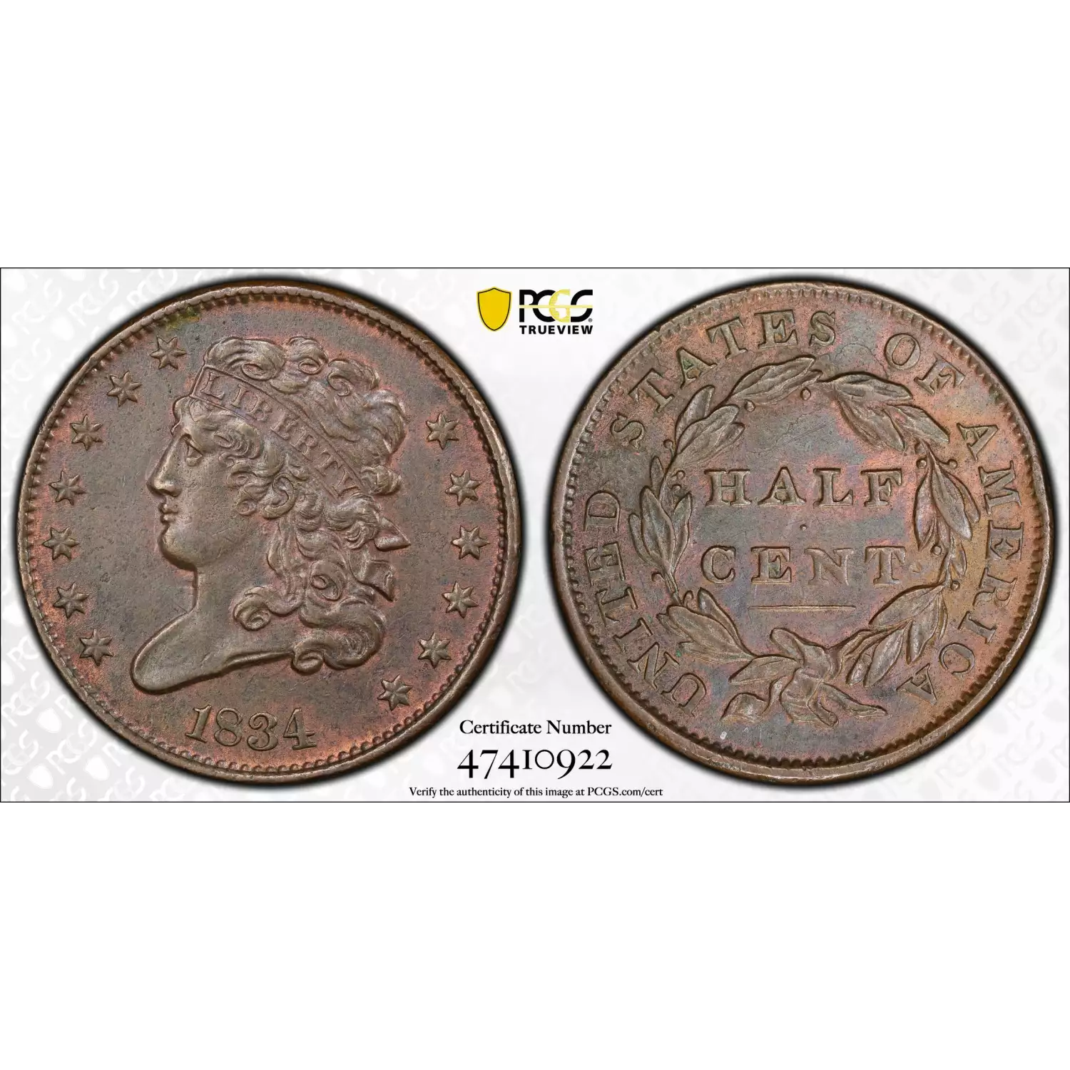 1834 PCGS AU-53 BN Half Cents Classic Head 1809 - 36 - Lost Dutchman Rare Coins